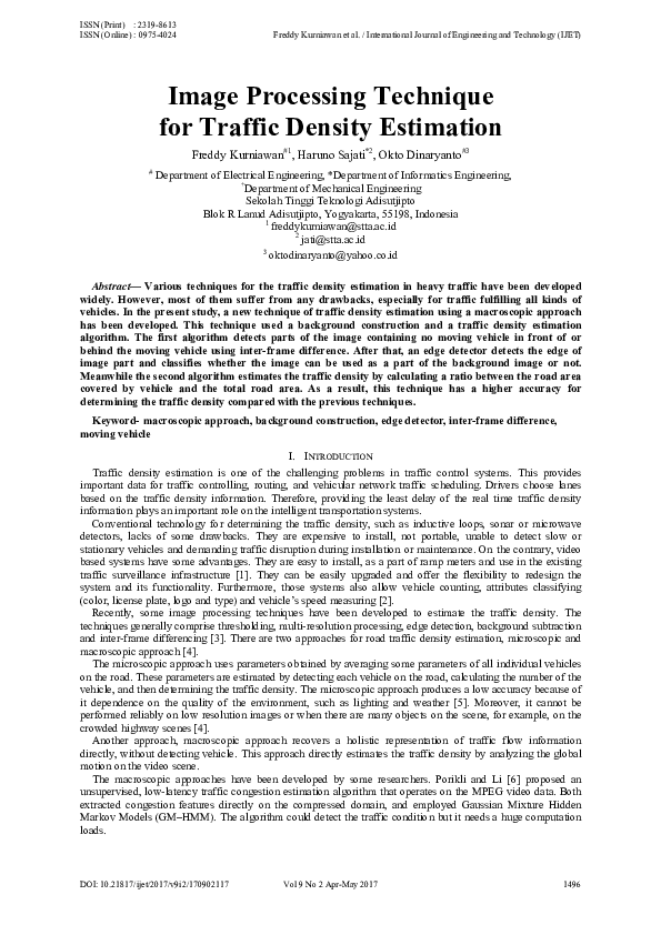 Pdf Image Processing Technique For Traffic Density Estimation