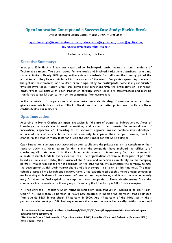 (DOC) Open Innovation Concept and a Success Case Study: Hack'n Break