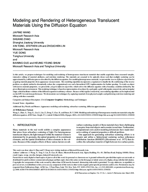 (PDF) Modeling and rendering of heterogeneous translucent materials using the diffusion equation