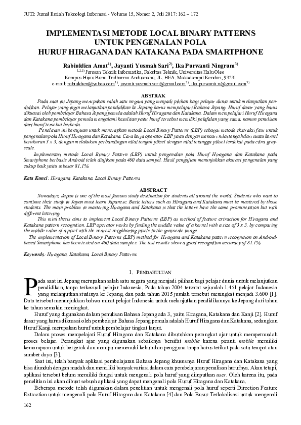 (PDF) IMPLEMENTASI METODE LOCAL BINARY PATTERNS UNTUK PENGENALAN POLA HURUF HIRAGANA DAN ...