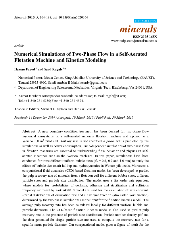 (PDF) minerals Numerical Simulations of Two-Phase Flow in a Self-Aerated Flotation Machine and ...