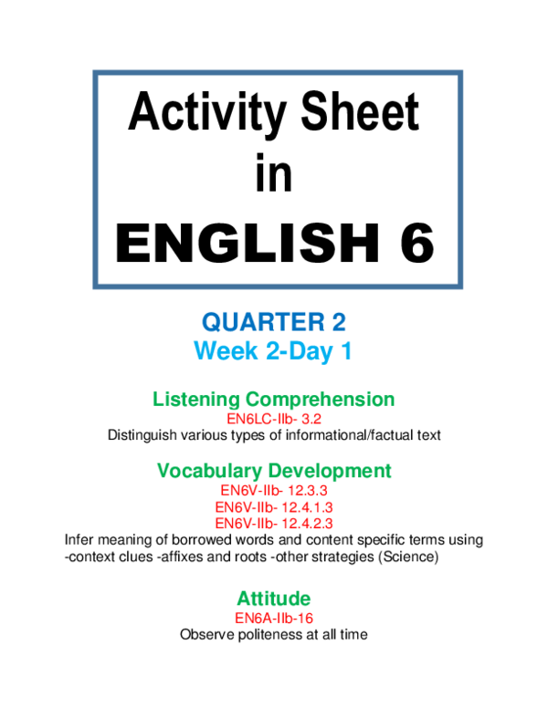 (PDF) Activity Sheet in ENGLISH 6 QUARTER 2 Week 2-Day 1 Listening ...