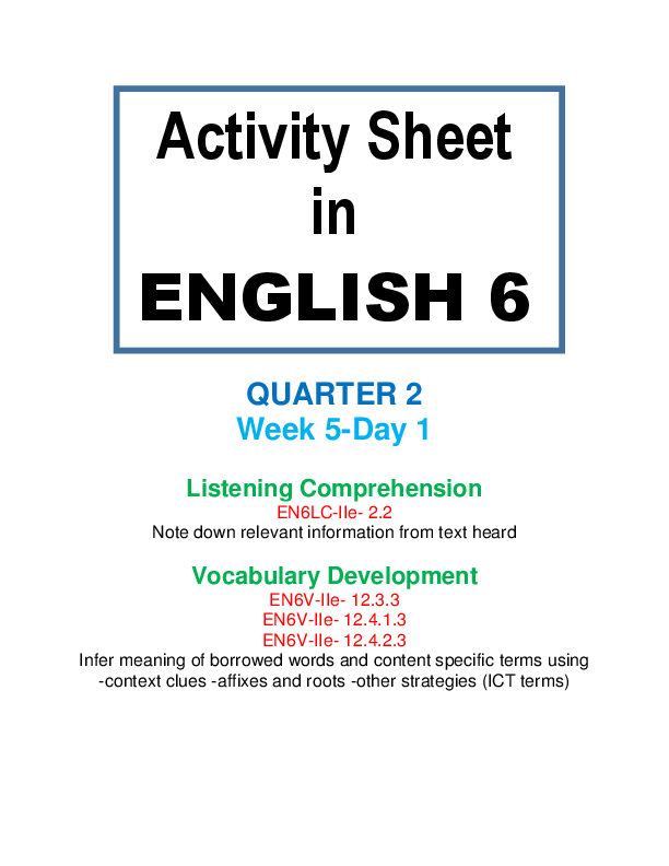 (PDF) Activity Sheet in ENGLISH 6 QUARTER 2 Week 5-Day 1 Listening Comprehension Vocabulary ...