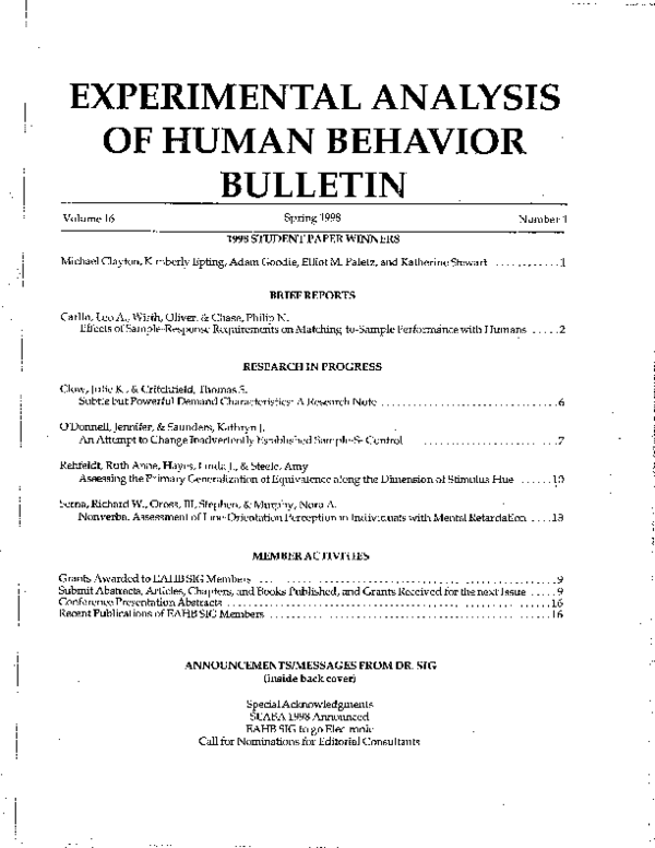 (PDF) EXPERIMENTAL ANALYSIS OF HUMAN BEHAVIOR BULLETIN
