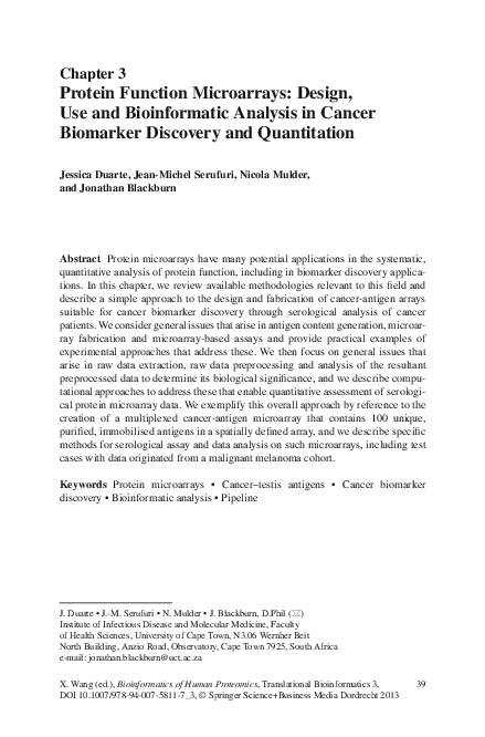 (PDF) Protein Function Microarrays: Design, Use and Bioinformatic Analysis in Cancer Biomarker ...
