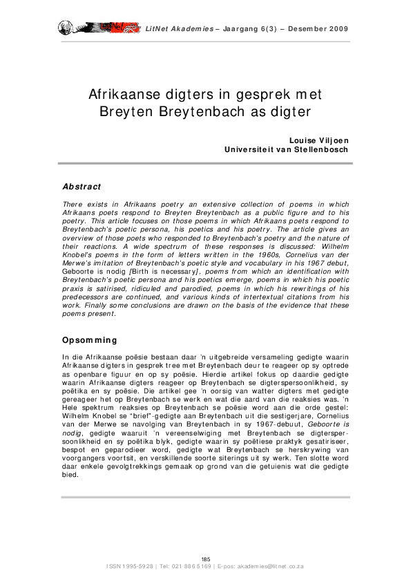 (PDF) Afrikaanse digters in gesprek met Breyten Breytenbach as digter