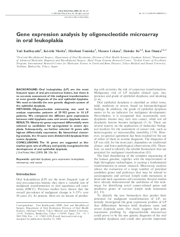 (PDF) Gene expression analysis by oligonucleotide microarray in oral leukoplakia