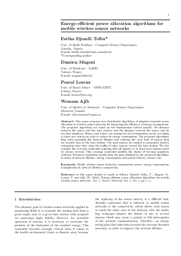 Pdf Energy Efficient Power Allocation Algorithms For Mobile Wireless Sensor Networks