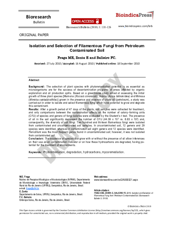 (PDF) Isolation and Selection of Filamentous Fungi from Petroleum
