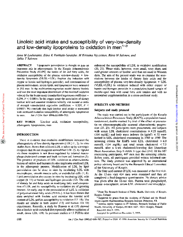 (PDF) Linoleic acid intake and susceptibility of very-low-density and ...