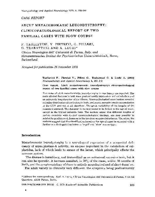 Adult Metachromatic Leucodystrophy: Clinicopathological Report of Two ...