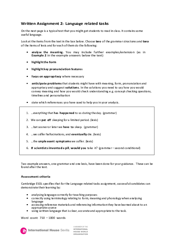 (DOC) Written Assignment 2: Language related tasks