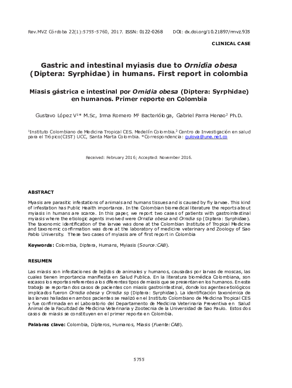 (PDF) Gastric and intestinal myiasis due to Ornidia obesa (Diptera ...