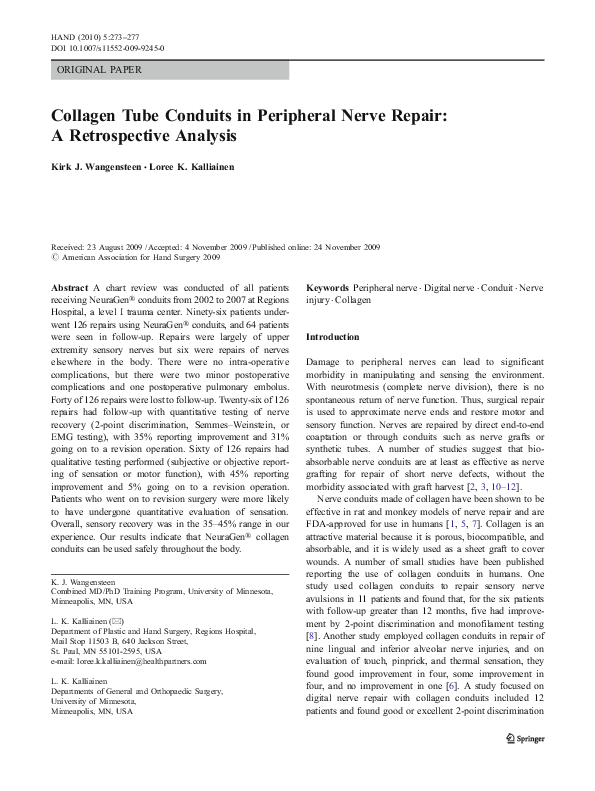 (PDF) Collagen Tube Conduits in Peripheral Nerve Repair: A ...