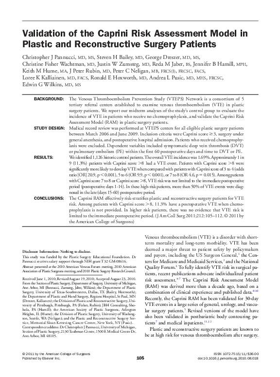 (PDF) Validation of the Caprini Risk Assessment Model in Plastic and ...
