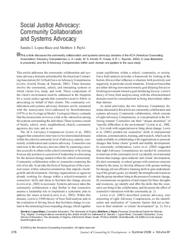 (PDF) Social Justice Advocacy: Community Collaboration and Systems Advocacy