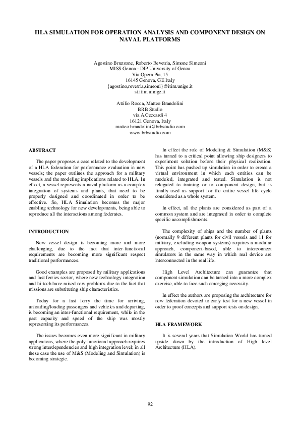 (PDF) HLA Simulation for operation analysis and component design on naval platforms