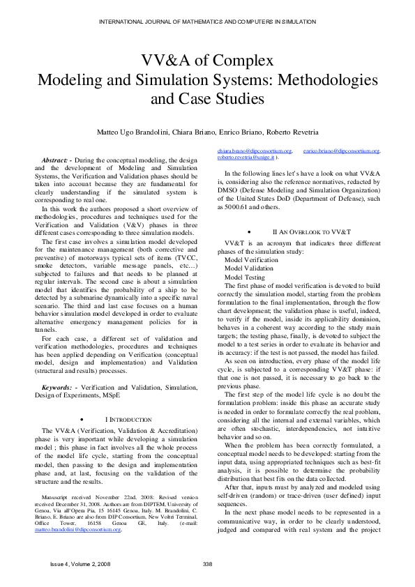 (PDF) VV&A of Complex Modeling and Simulation Systems: Methodologies and Case Studies