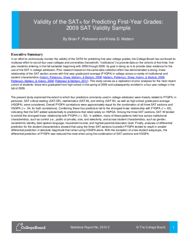 (PDF) Validity of the SAT for Predicting First-Year Grades 2009 SAT ...