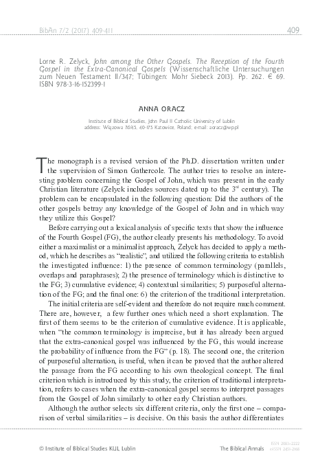 (PDF) Lorne R. Zelyck "John among the Other Gospels" (review)