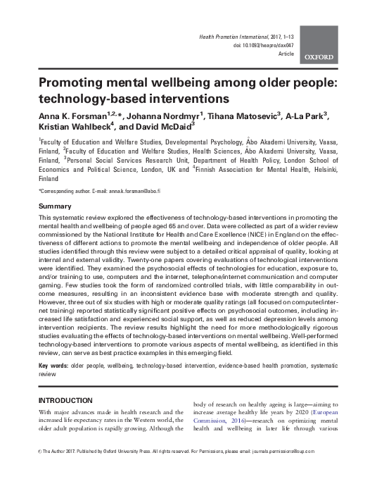 (PDF) Promoting mental wellbeing among older people: technology-based ...