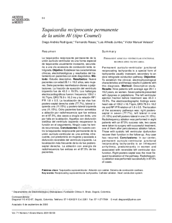 (PDF) Taquicardia reciprocante permanente de la unión AV (tipo Coumel)