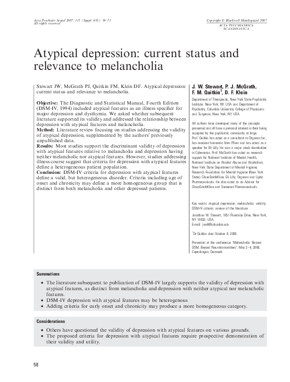 (PDF) Atypical depression: current status and relevance to melancholia