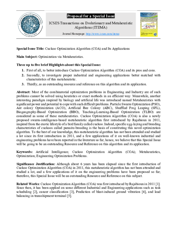 Pdf Special Issue On Cuckoo Optimization Algorithm Coa And Its Applications