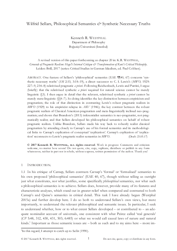 (PDF) Wilfrid Sellars, Semantics & Synthetic Necessary Truths
