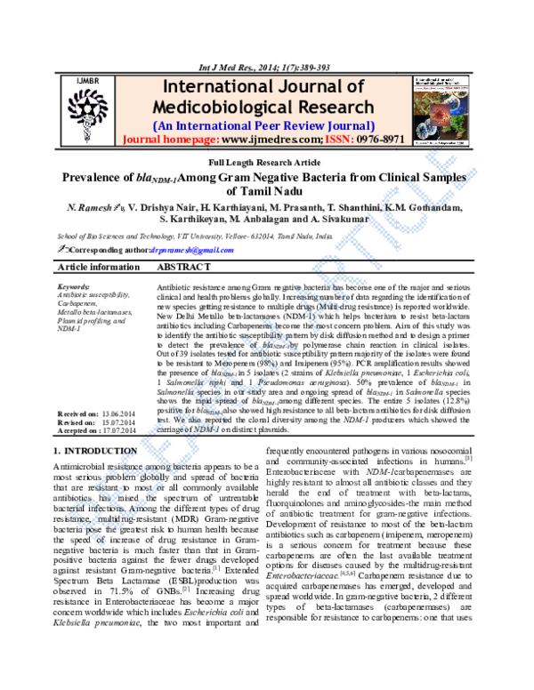(PDF) Prevalence of bla NDM-1 Among Gram Negative Bacteria from ...