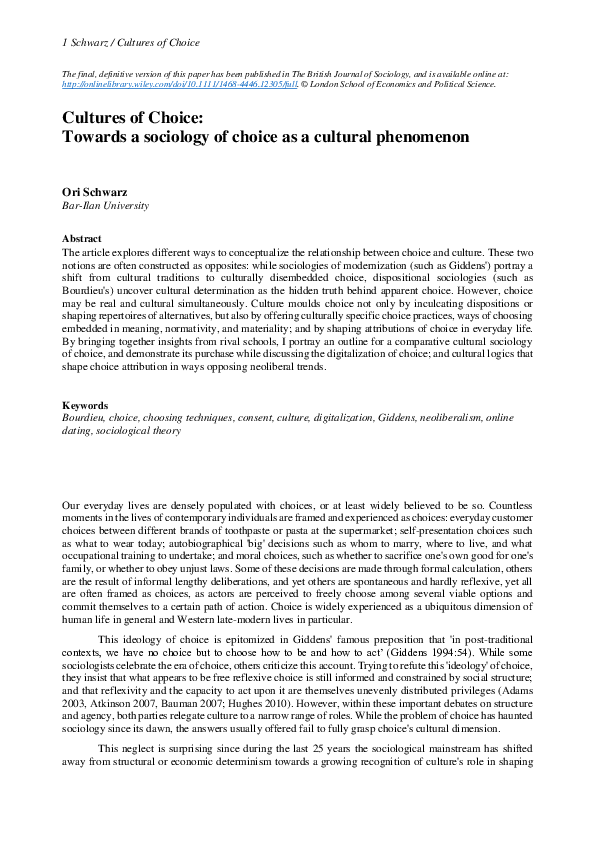 (PDF) Cultures of Choice: Towards a sociology of choice as a cultural ...