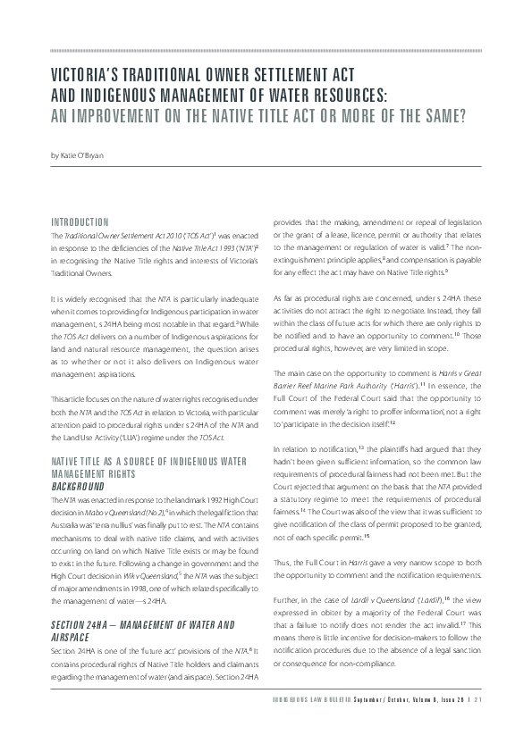 (PDF) VICTORIA'S TRADITIONAL OWNER SETTLEMENT ACT AND INDIGENOUS ...