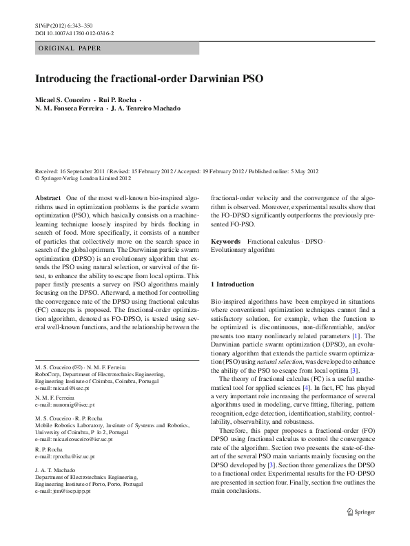 Pdf Introducing The Fractional Order Darwinian Pso Nuno Ferreira