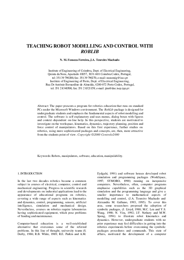 (PDF) TEACHING ROBOT MODELLING AND CONTROL WITH ROBLIB