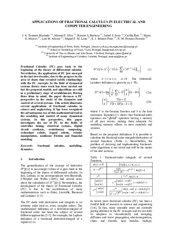 Pdf Applications Of Fractional Calculus In Electrical And Computer Engineering