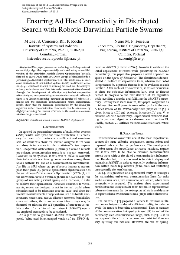 Pdf Ensuring Ad Hoc Connectivity In Distributed Search With Robotic Darwinian Particle Swarms