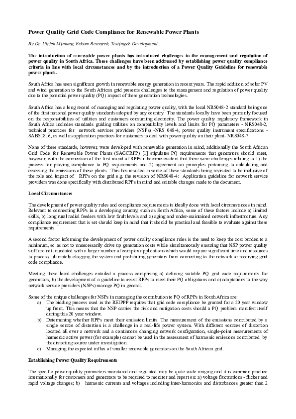 (DOC) Power Quality Grid Code Compliance for Renewable Power Plants