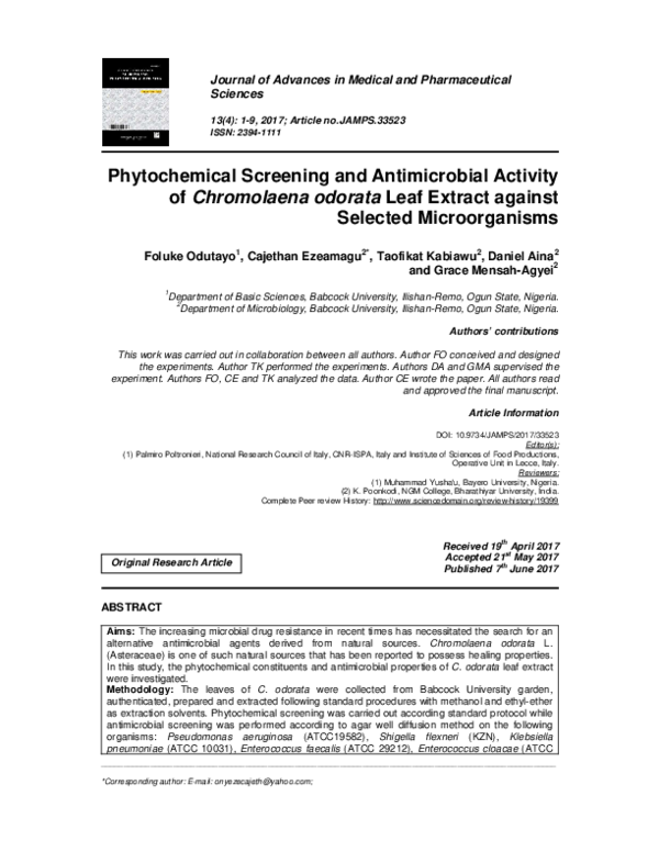 (PDF) Phytochemical Screening and Antimicrobial Activity of Chromolaena odorata Leaf Extract ...