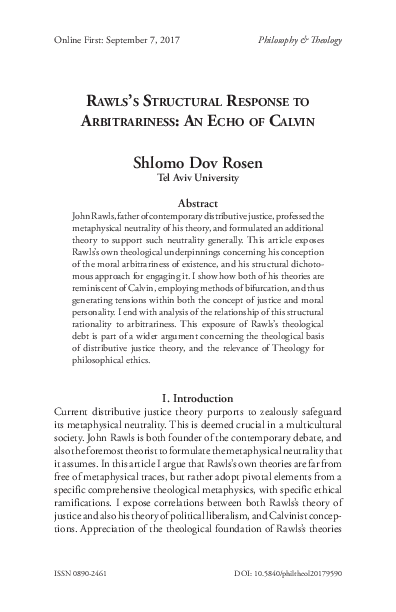 (PDF) Rawls's Structural Response to Arbitrariness: An Echo of Calvin ...
