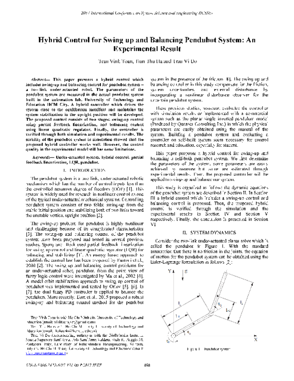 (PDF) Hybrid Control for Swing up and Balancing Pendubot System: An Experimental Result