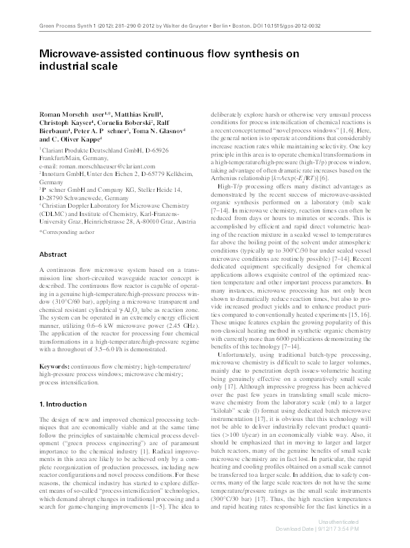 (PDF) Microwave-assisted continuous flow synthesis on industrial scale