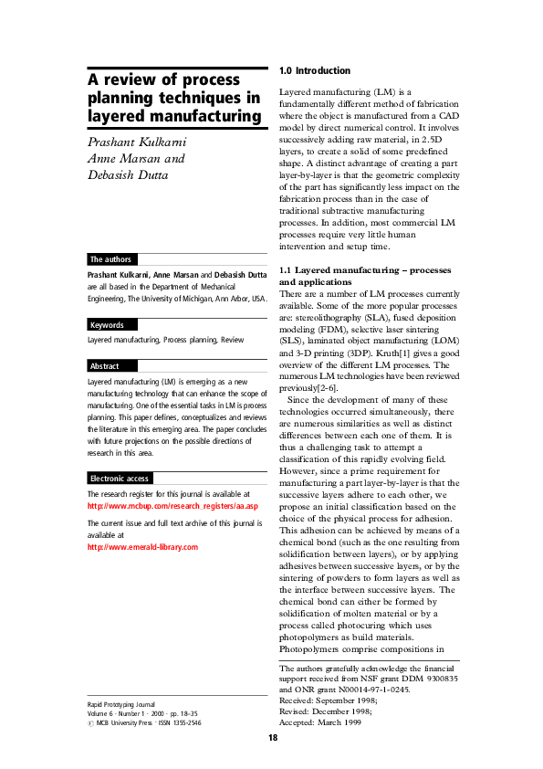 (PDF) A review of process planning techniques in layered manufacturing