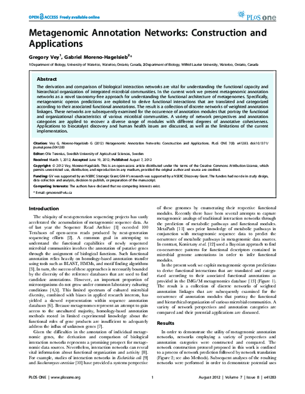 (PDF) Metagenomic Annotation Networks: Construction and Applications