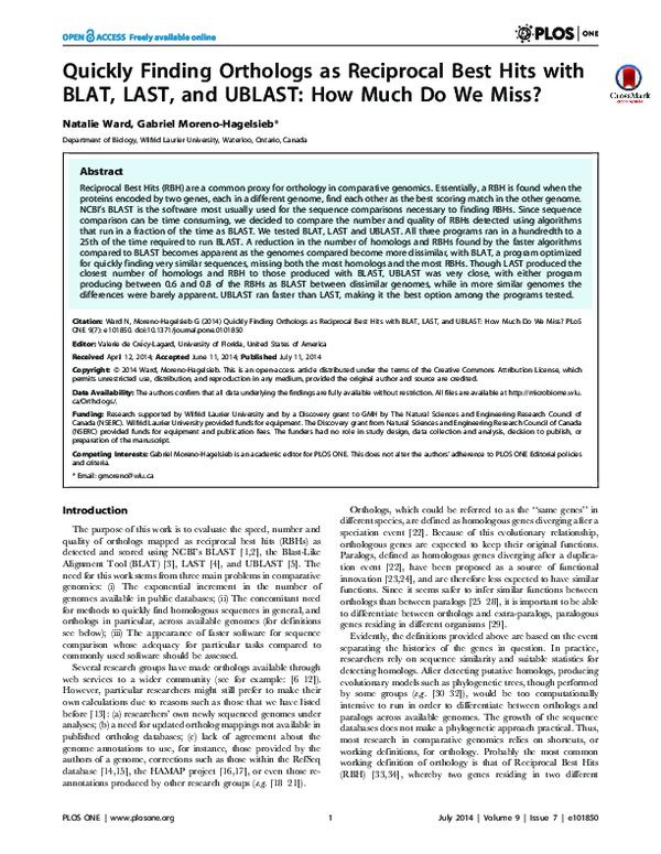 (PDF) Quickly Finding Orthologs as Reciprocal Best Hits with BLAT, LAST ...