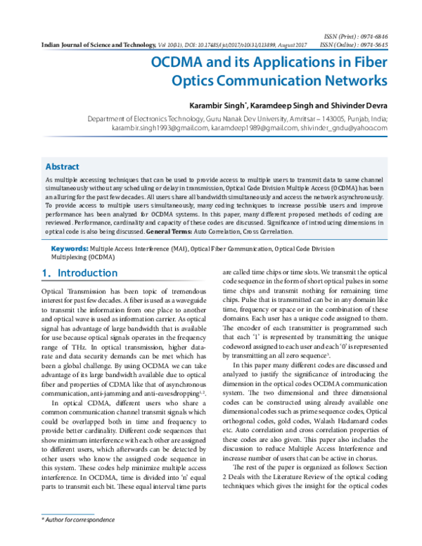 (PDF) OCDMA & its applications in Fiber Optics Communication Networks