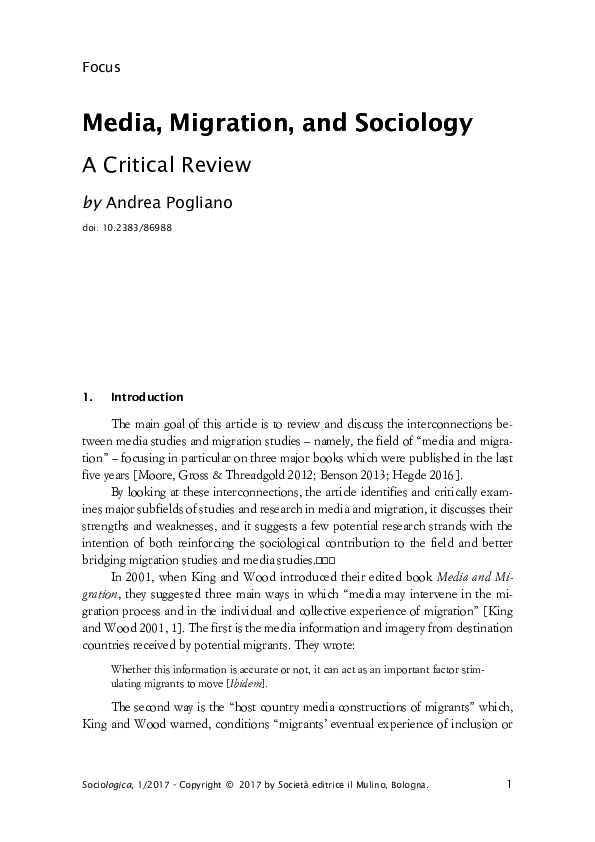 (PDF) Media, Migration, and Sociology A Critical Review
