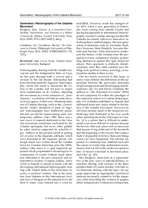 (PDF) Historiography of the Ustasha Movement: Review Max Bergholz and ...