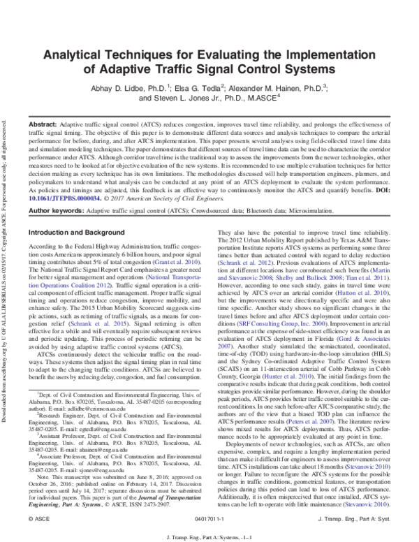 (PDF) Analytical Techniques for Evaluating the Implementation of Adaptive Traffic Signal Control ...