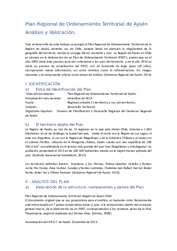 (DOC) Plan Regional de Ordenamiento Territorial de Aysén Análisis y Valoración