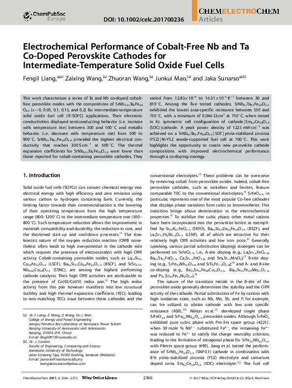 (PDF) Electrochemical Performance of Cobalt-Free Nb and Ta Co-Doped Perovskite Cathodes for ...